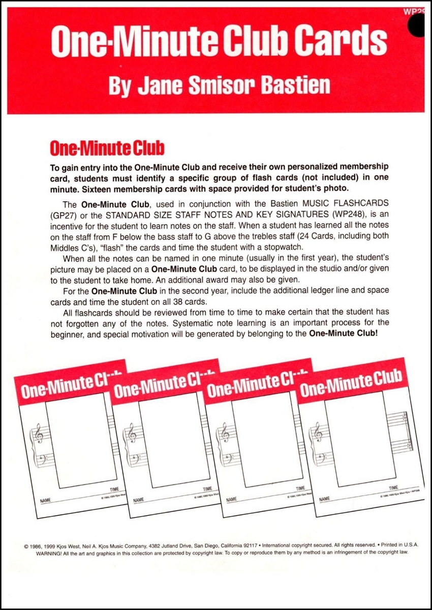 Cartões para anotar notas musicais - One-Minute Club Cards - Neil A.Kjos